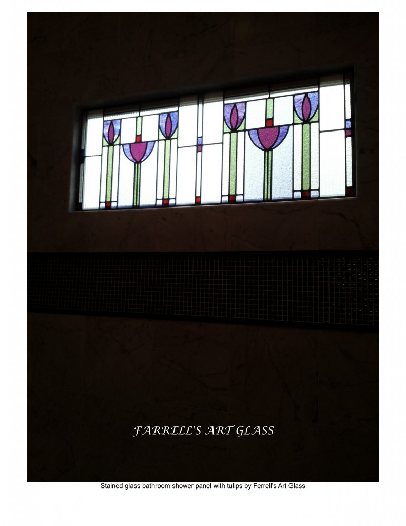 Stained glass bathroom shower panel with tulips by Ferrell’s Art Glass